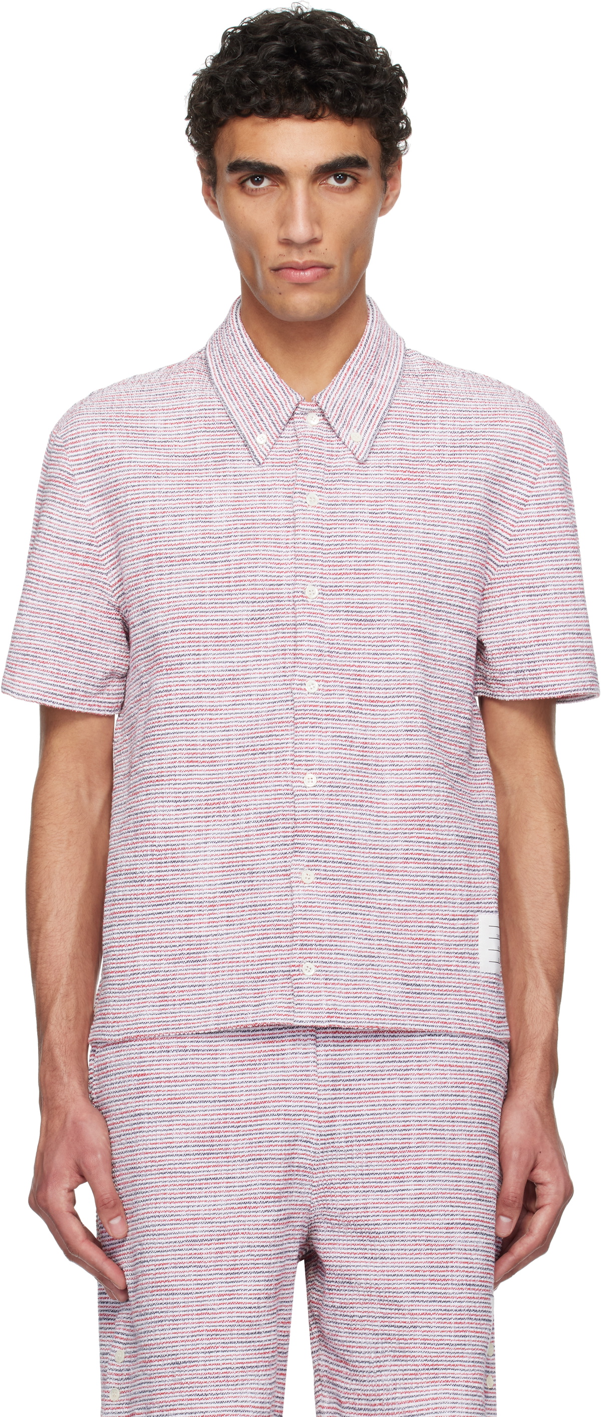 Thom Browne Red & White Cotton Tweed Short Sleeve Shirt Thom Browne