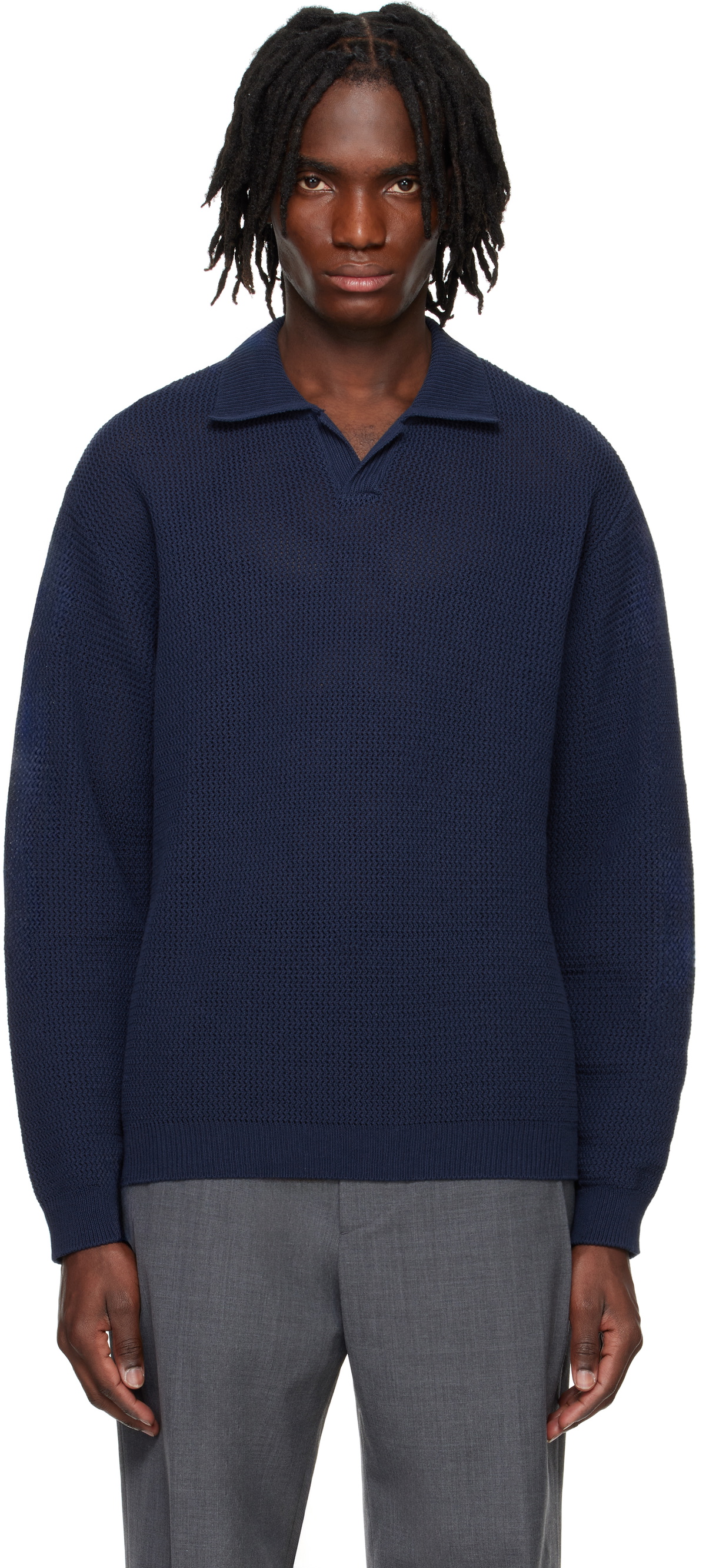 Solid Homme Navy Open-Knit Polo Solid Homme