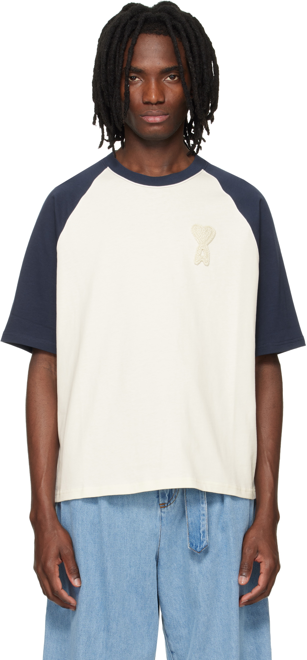 AMI Paris White & Blue Cotton Ami de Coeur Knitted Patch T-shirt AMI