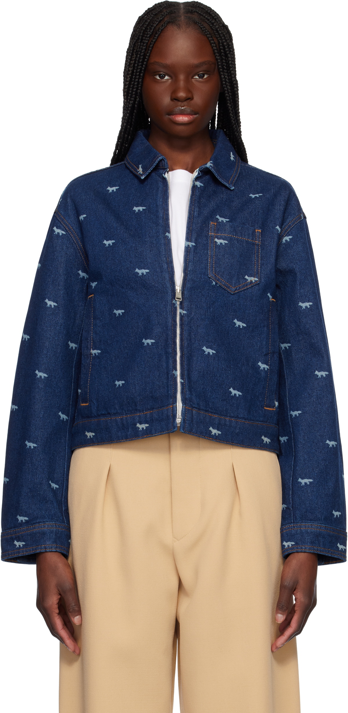 Maison Kitsuné Navy Zipped Cropped Denim Jacket Maison Kitsune