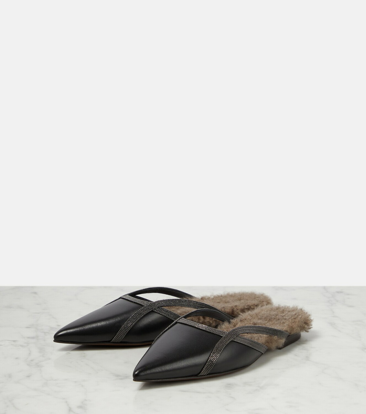 Brunello Cucinelli Shearling-trimmed leather slippers Brunello Cucinelli