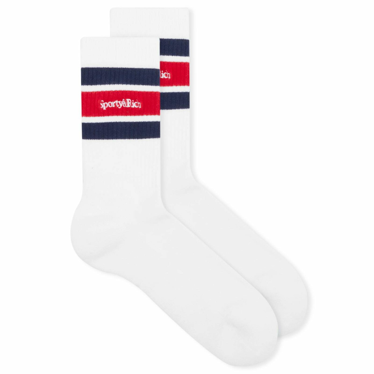 Sporty & Rich Women's Serif Logo Striped Socks in White Sporty & Rich