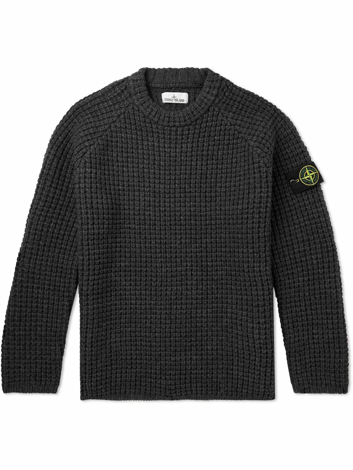 Stone Island Logo Appliqu d Waffle Knit Virgin Wool Sweater Gray Stone Island Logo Appliqu d Waffle Knit Virgin Wool Sweater Gray