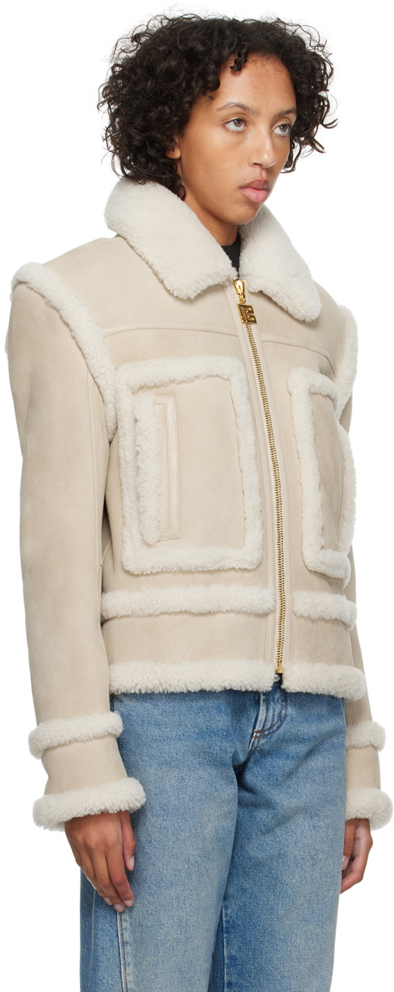 Balmain Beige Zip Shearling Jacket Balmain