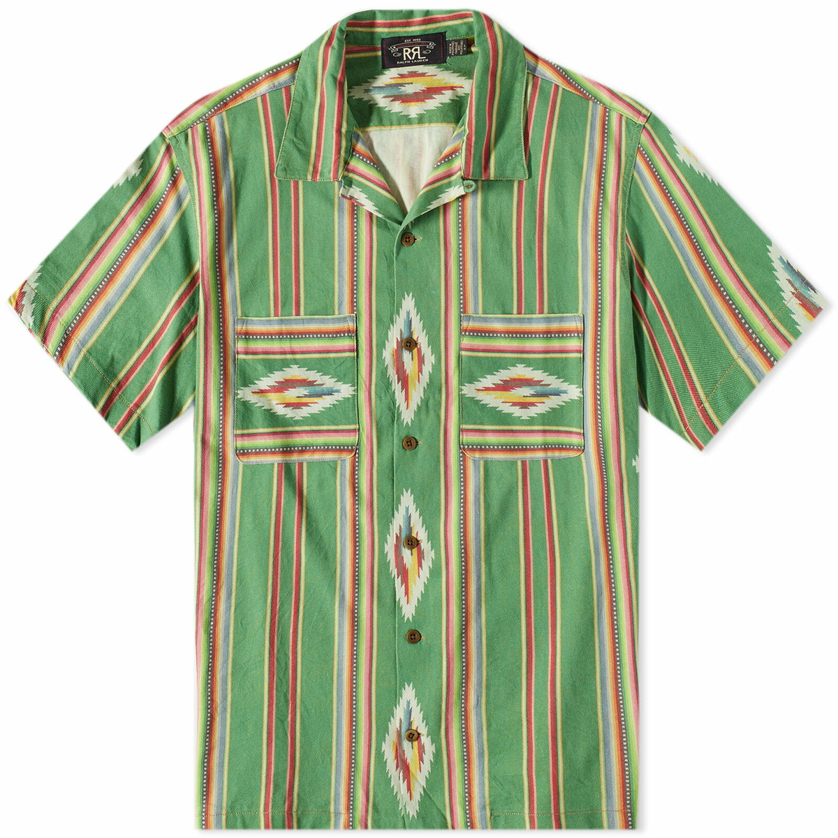 RRL Men's Serape Camp Short Sleeve Shirt in Green/Multi RRL