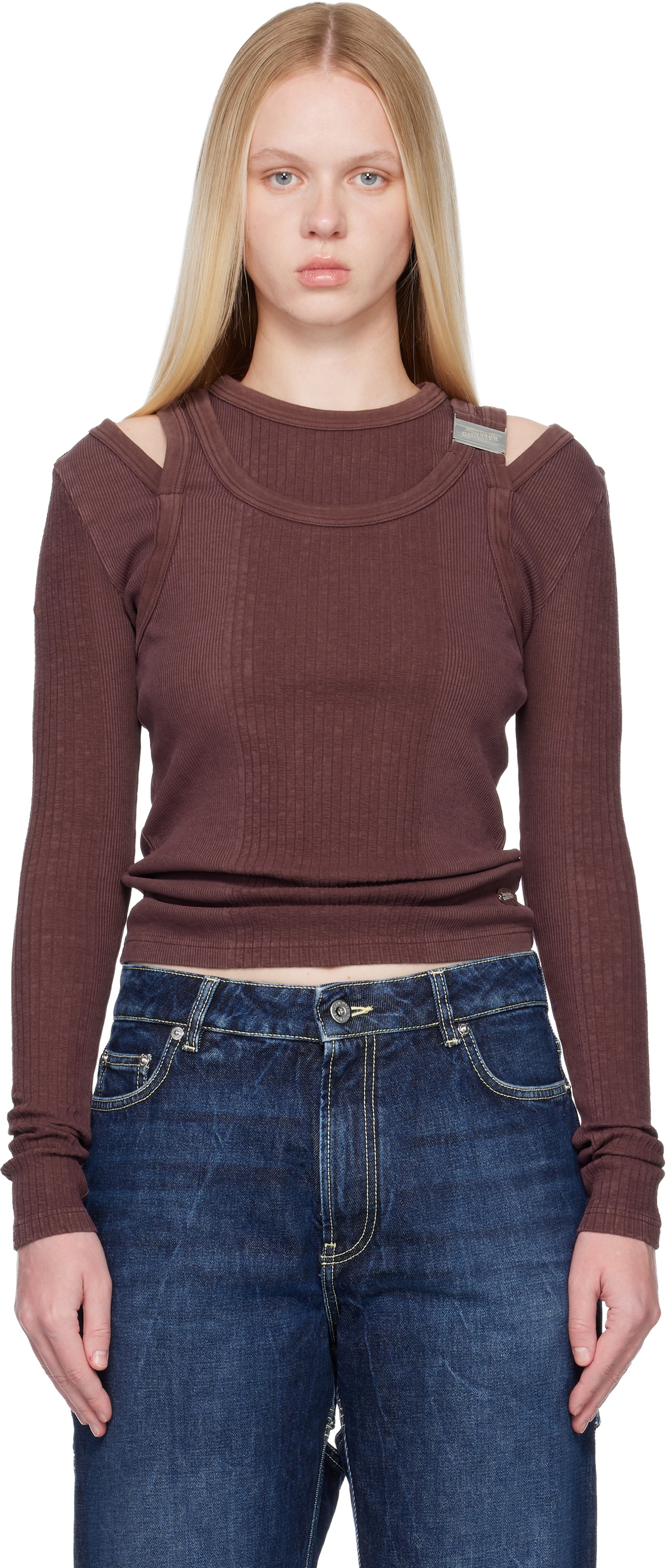 Jean Paul Gaultier Burgundy Rib Cutout Fastener Top Jean Paul Gaultier