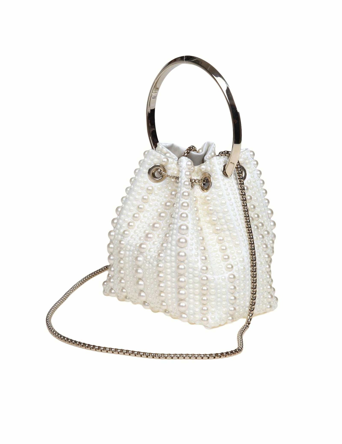 Jimmy Choo Bon Bon Bucket In Satin And Applied Pearls Jimmy Choo