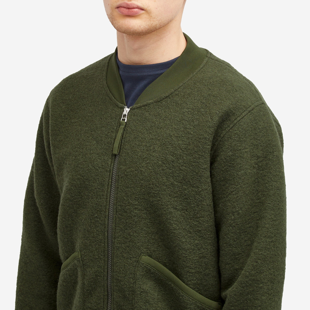 Universal Works Men's Wool Fleece Zip Bomber Jacket in Olive Universal ...