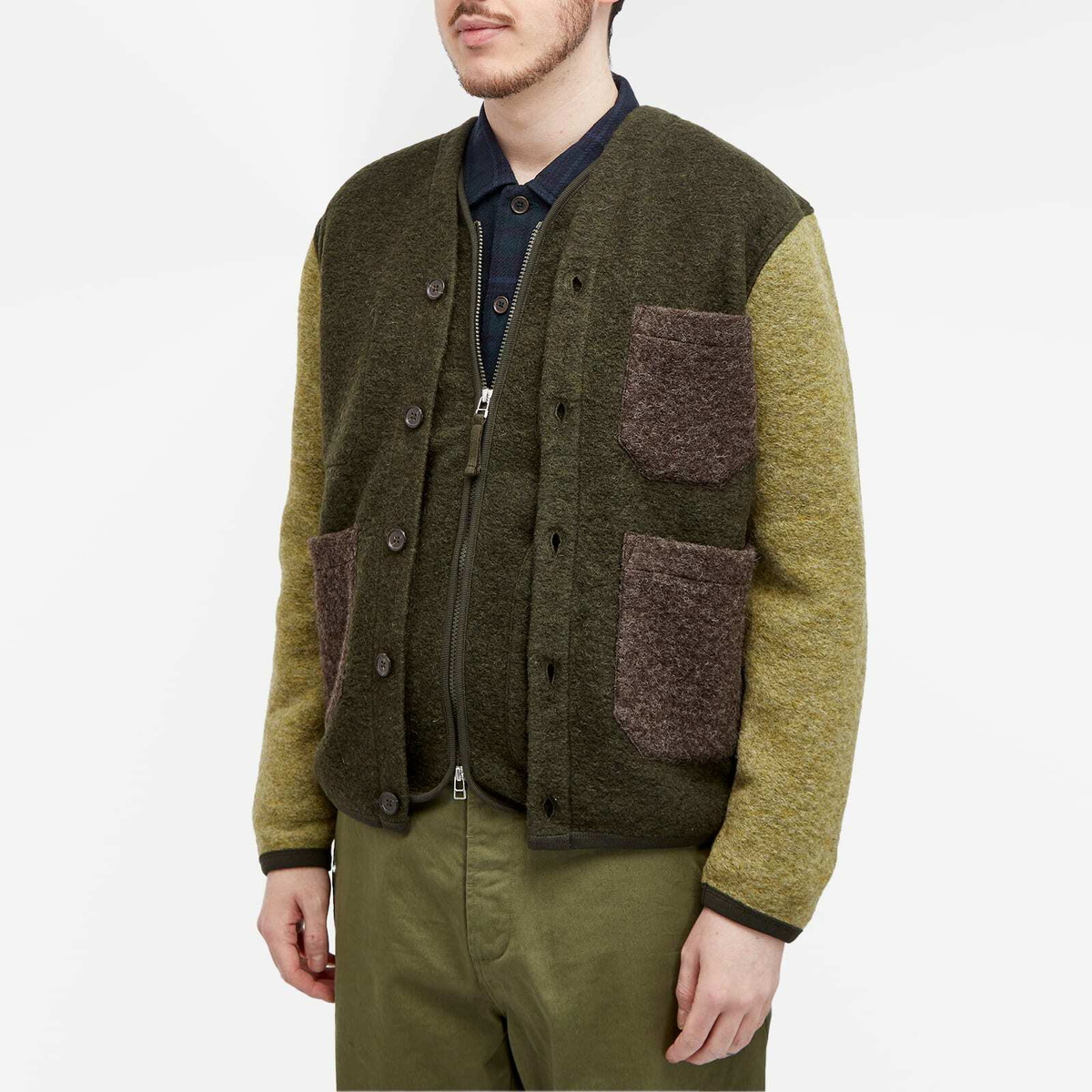 Universal Works Men's Wool Fleece Cardigan in Mixed Olive Universal Works