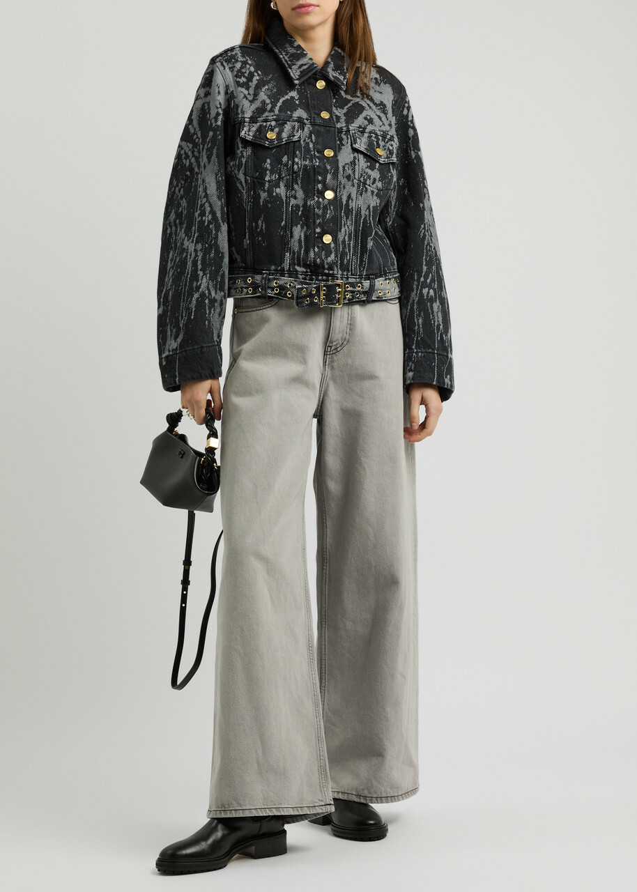 Ganni Marble-wash Belted Denim Jacket Black GANNI