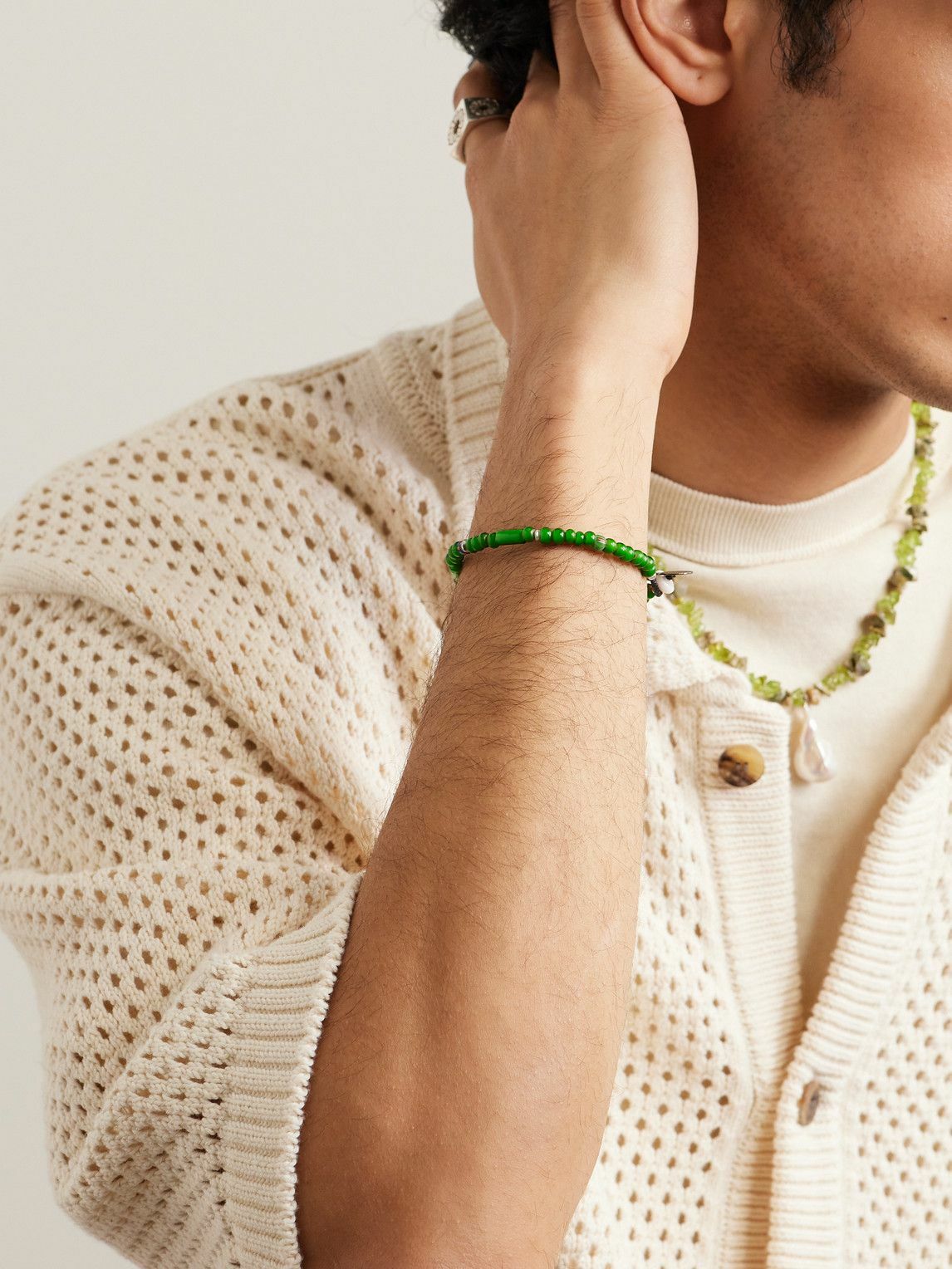 Mikia - Silver, Multi-Stone and Cord Beaded Bracelet - Green Mikia