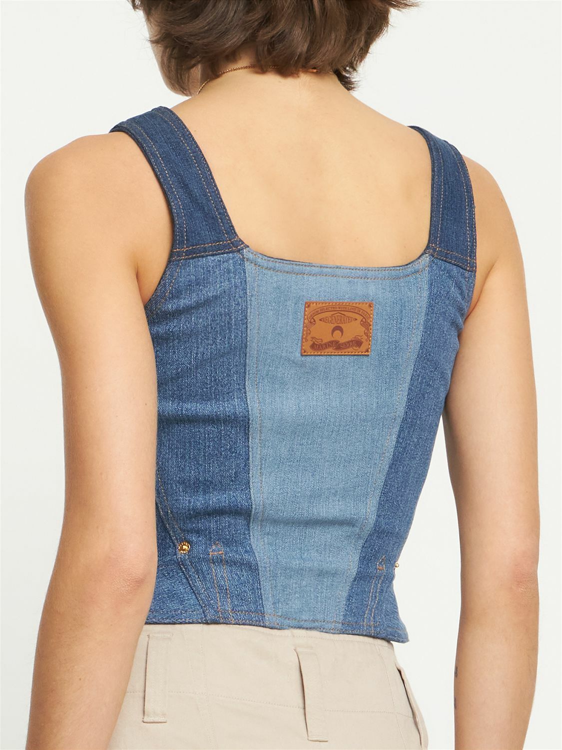 MARINE SERRE - Buttoned Patchwork Denim Bustier Top Marine Serre