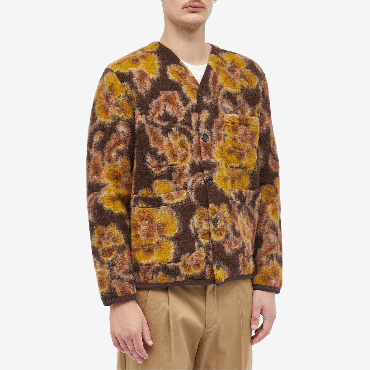 Universal Works Men's Flower Wool Fleece Cardigan in Brown Universal Works