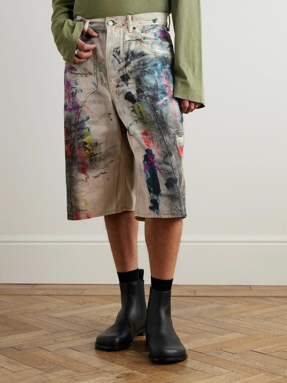 Acne Studios - Judda Wide-Leg Distressed Paint-Splattered Denim Shorts ...