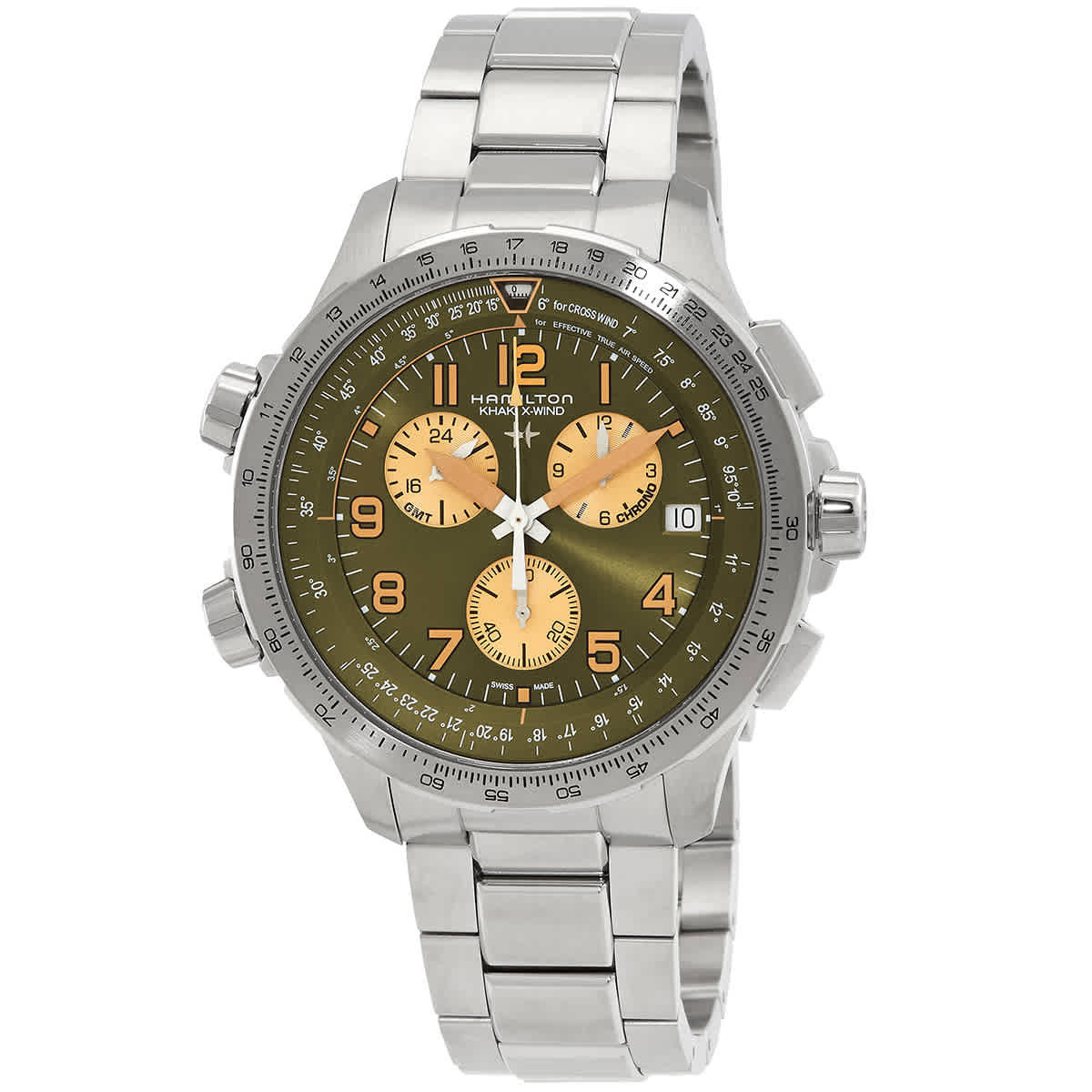 Hamilton Khaki Aviation Chronograph GMT Quartz Green Dial Mens Watch ...