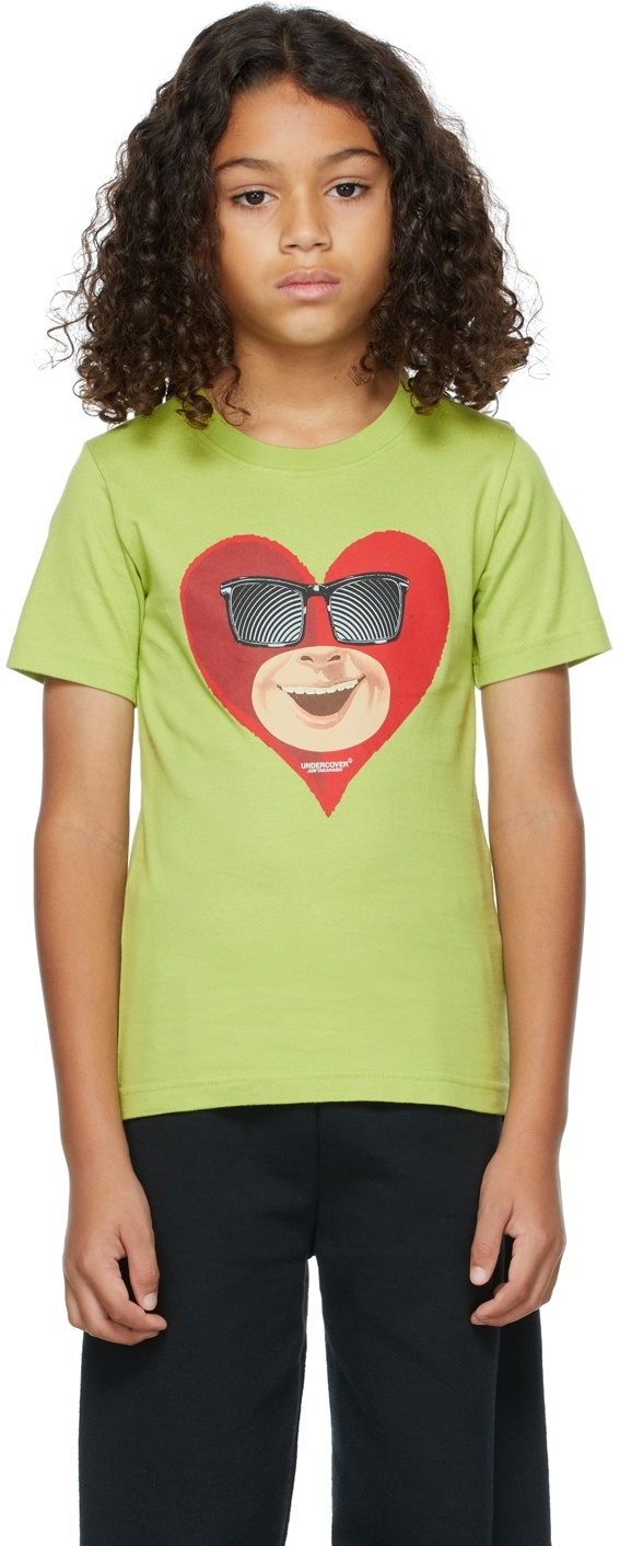 UNDERCOVER Kids Green Heart Face T-Shirt Undercover