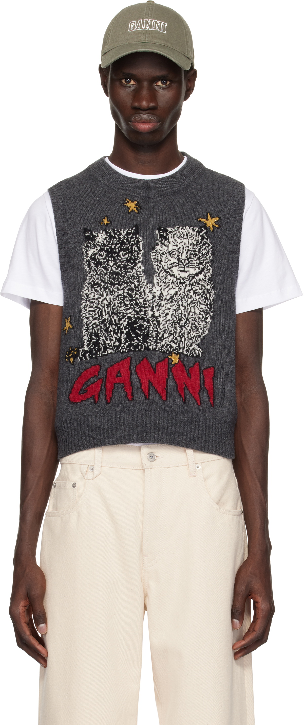 GANNI Gray Graphic Cats Vest GANNI