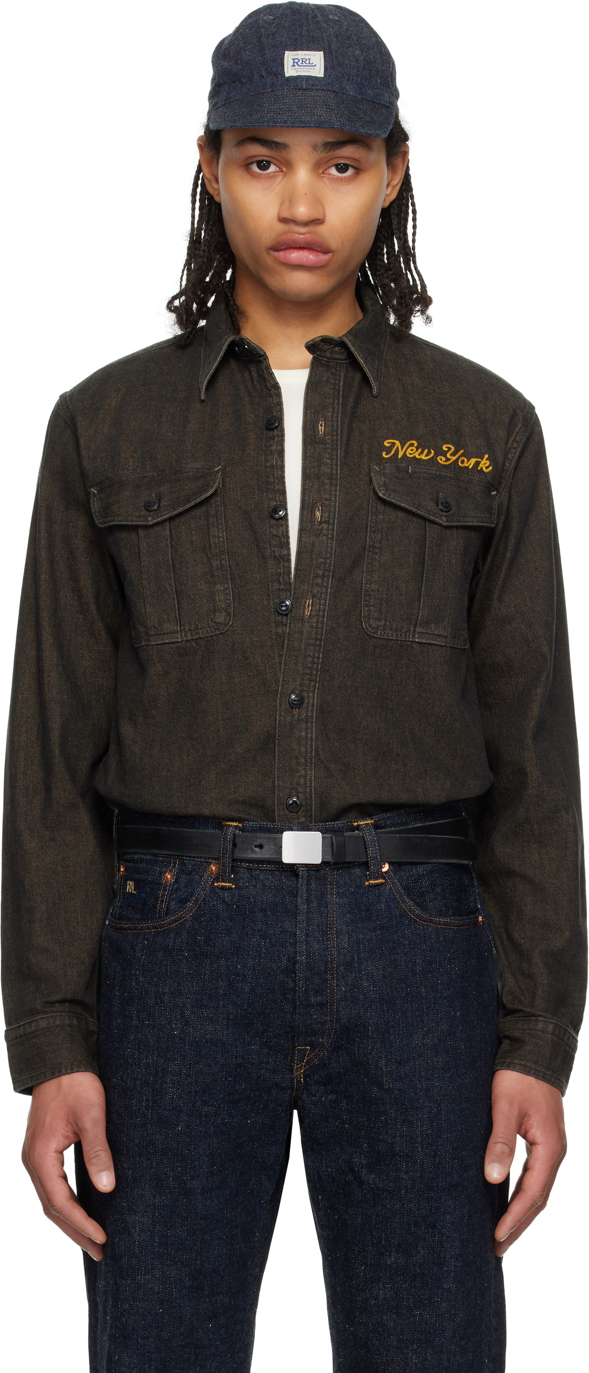 RRL Black Embroidered Work Denim Shirt RRL