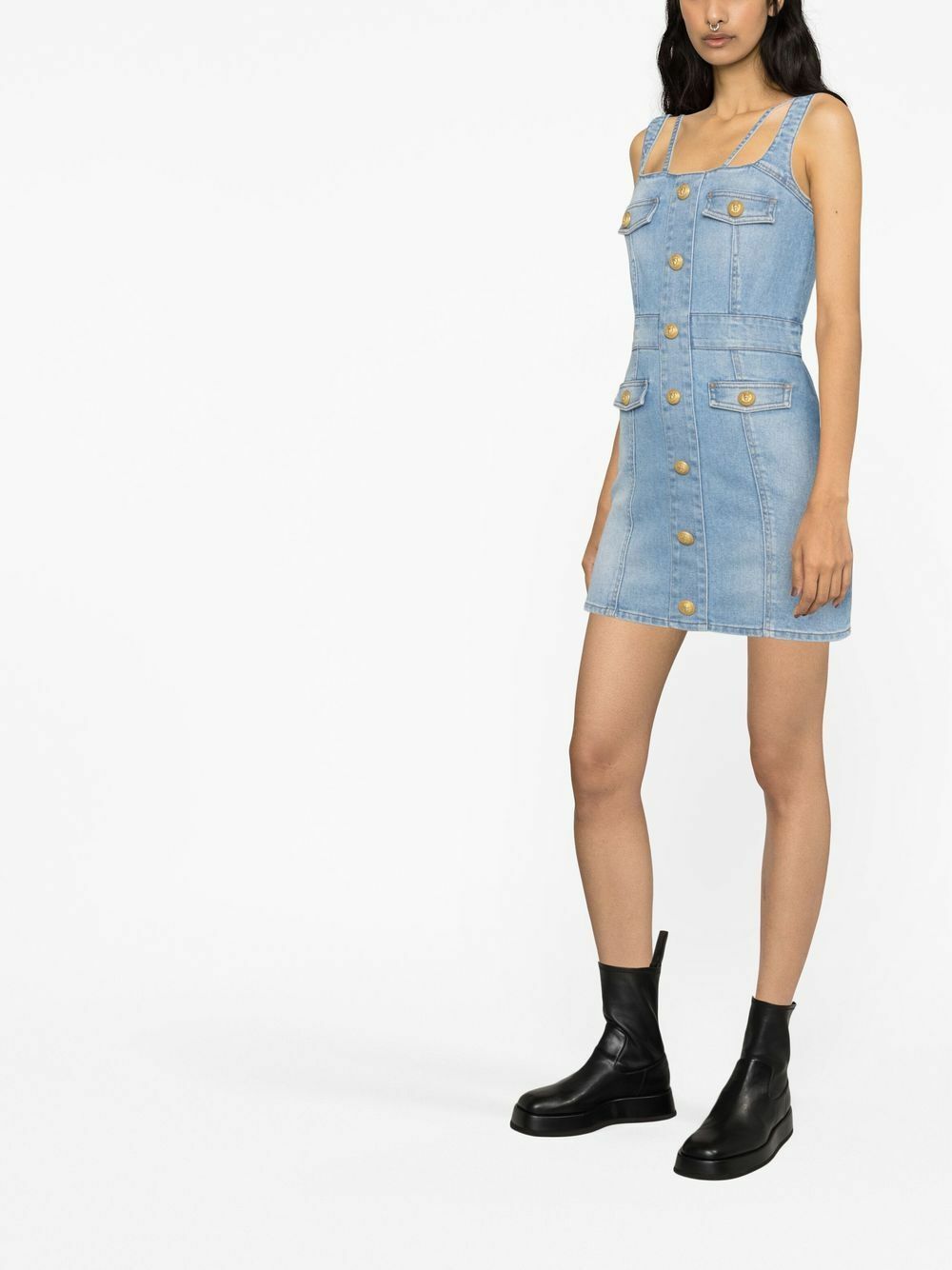 BALMAIN - Button-embossed Strapped Denim Short Dress Balmain