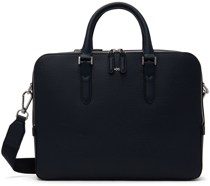 BOSS Navy Structured Leather Briefcase BOSS