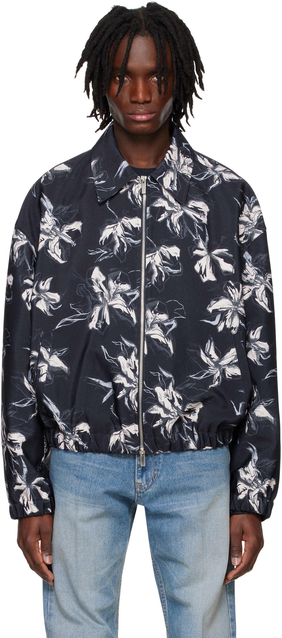 System Navy Flower Printed Bomber Jacket System
