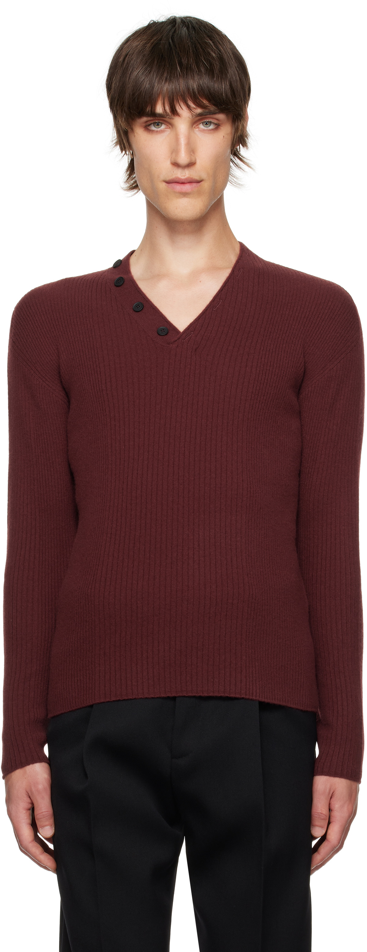 Lanvin Burgundy Ribbed V-Neck Sweater Lanvin