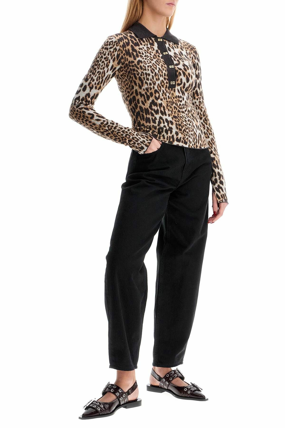 GANNI animal print jacquard knit polo Brown GANNI