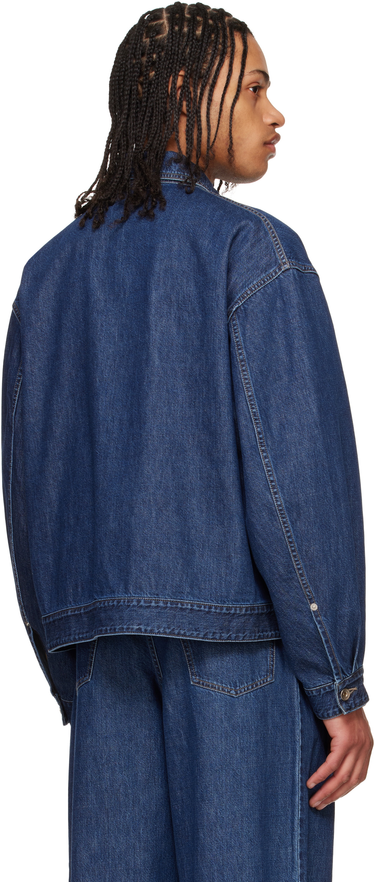 SOSHIOTSUKI Blue Manipulation Drape Pocket Washed Denim Jacket SOSHIOTSUKI