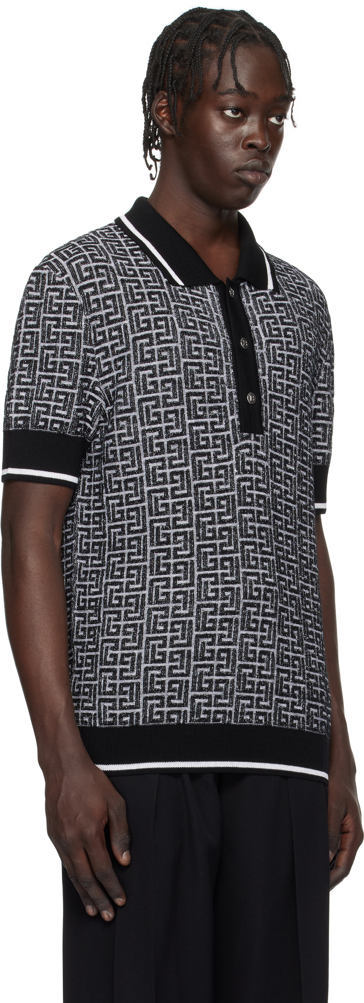 Balmain Black & White 'PB' Labyrinth Knit Polo Balmain