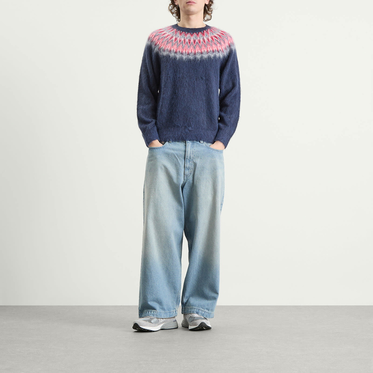 BEAMS Men's Nordic Shaggy Crew Neck Jumper in Navy Beams Boy