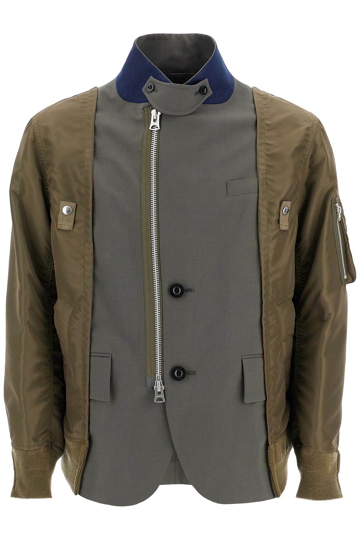SACAI hybrid nylon and wool blend jacket. Khaki Sacai