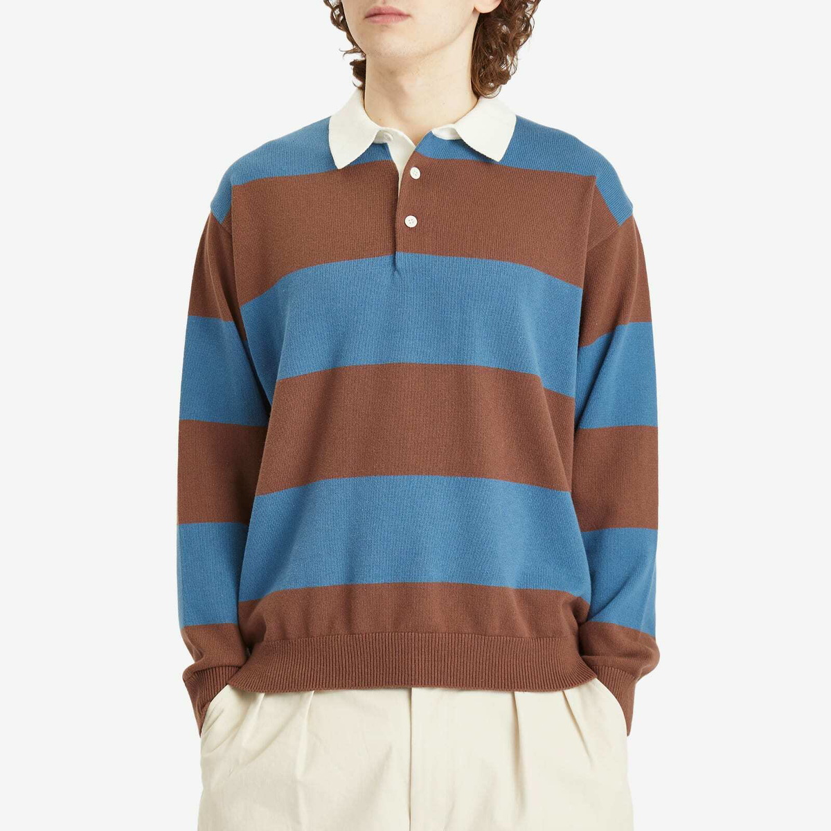 BEAMS Men's Block Stripe Rugby Shirt in Brown Beams Boy