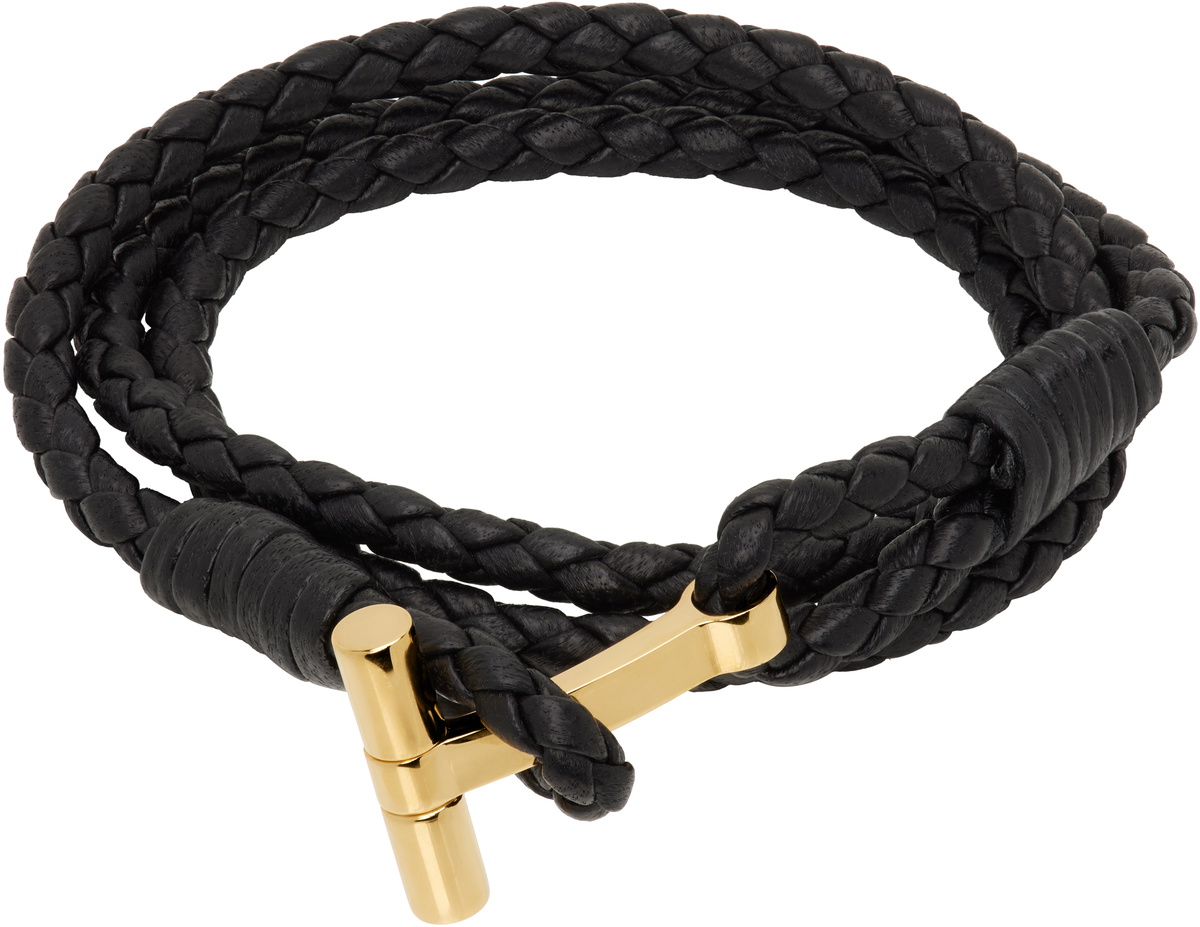 TOM FORD Black Braided T Leather Bracelet TOM FORD