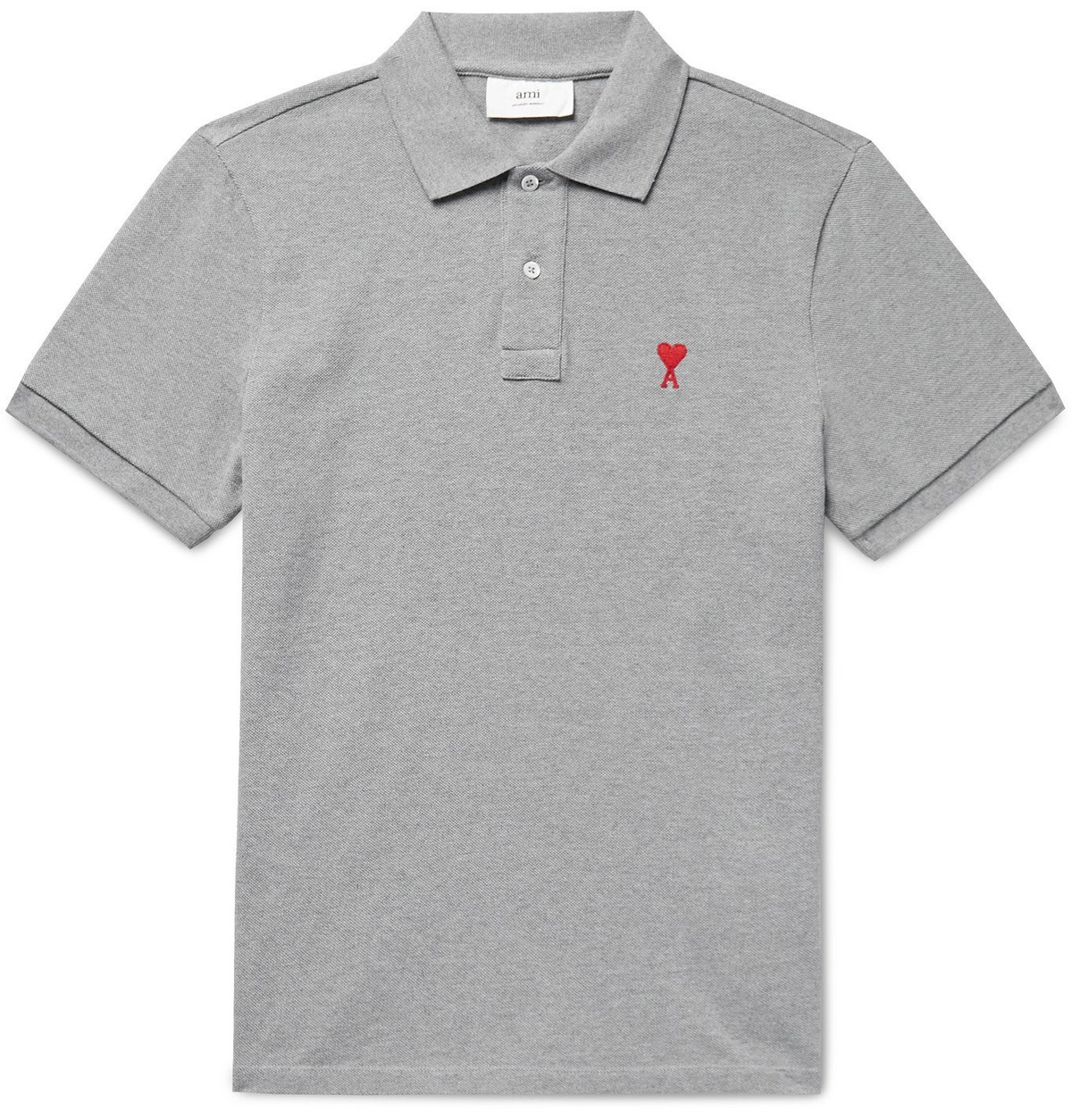 AMI PARIS - Logo-Embroidered Mélange Cotton-Piqué Polo Shirt - Gray AMI