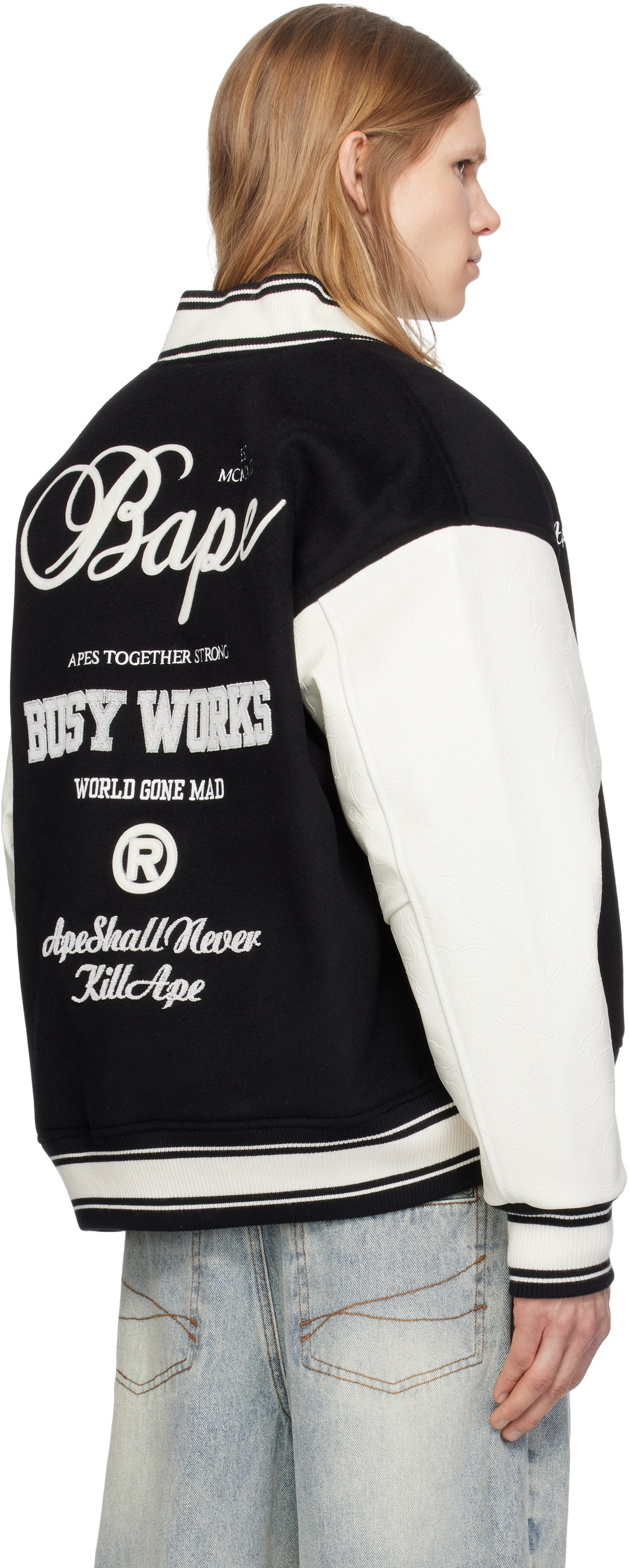 BAPE Black & White 'BAPE' Varsity Bomber Jacket A Bathing Ape