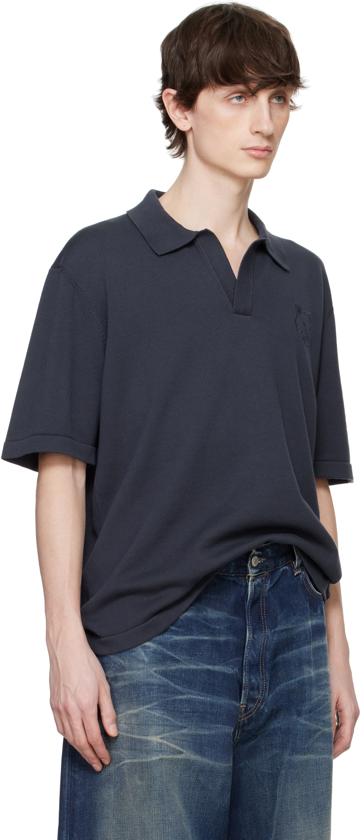 Maison Kitsuné Gray Bold Fox Head Embroidered Knitted Polo Maison Kitsune