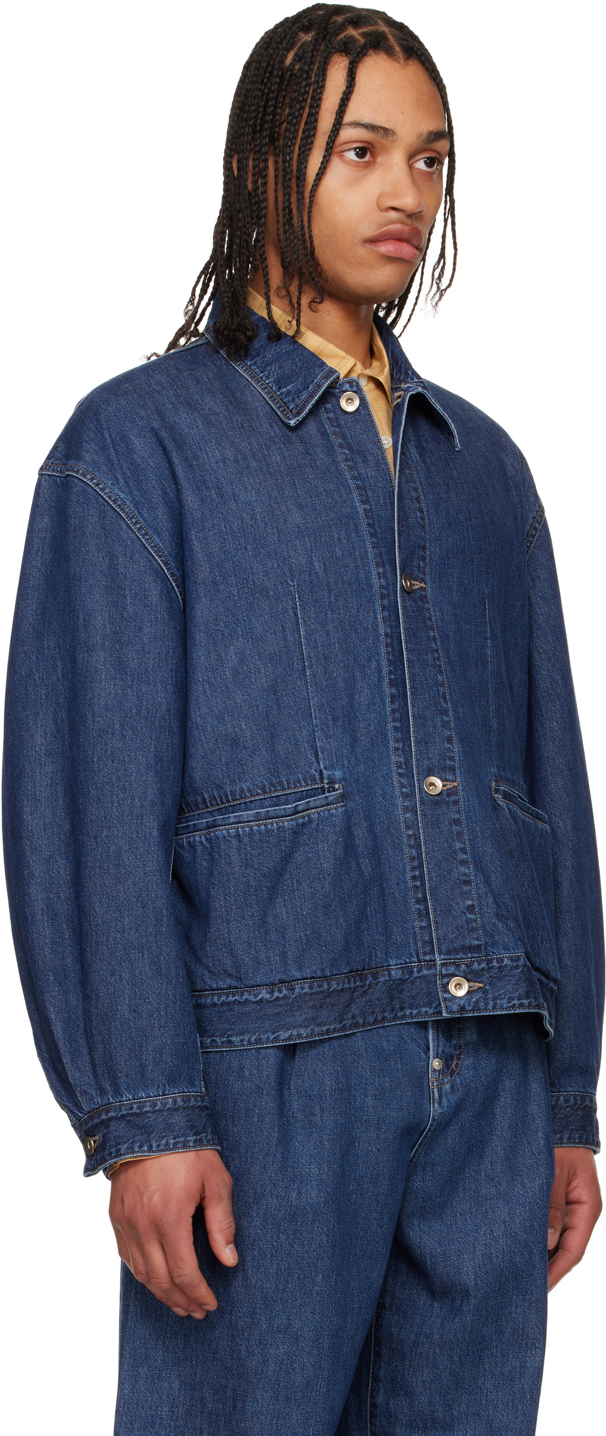 SOSHIOTSUKI Blue Manipulation Drape Pocket Washed Denim Jacket SOSHIOTSUKI