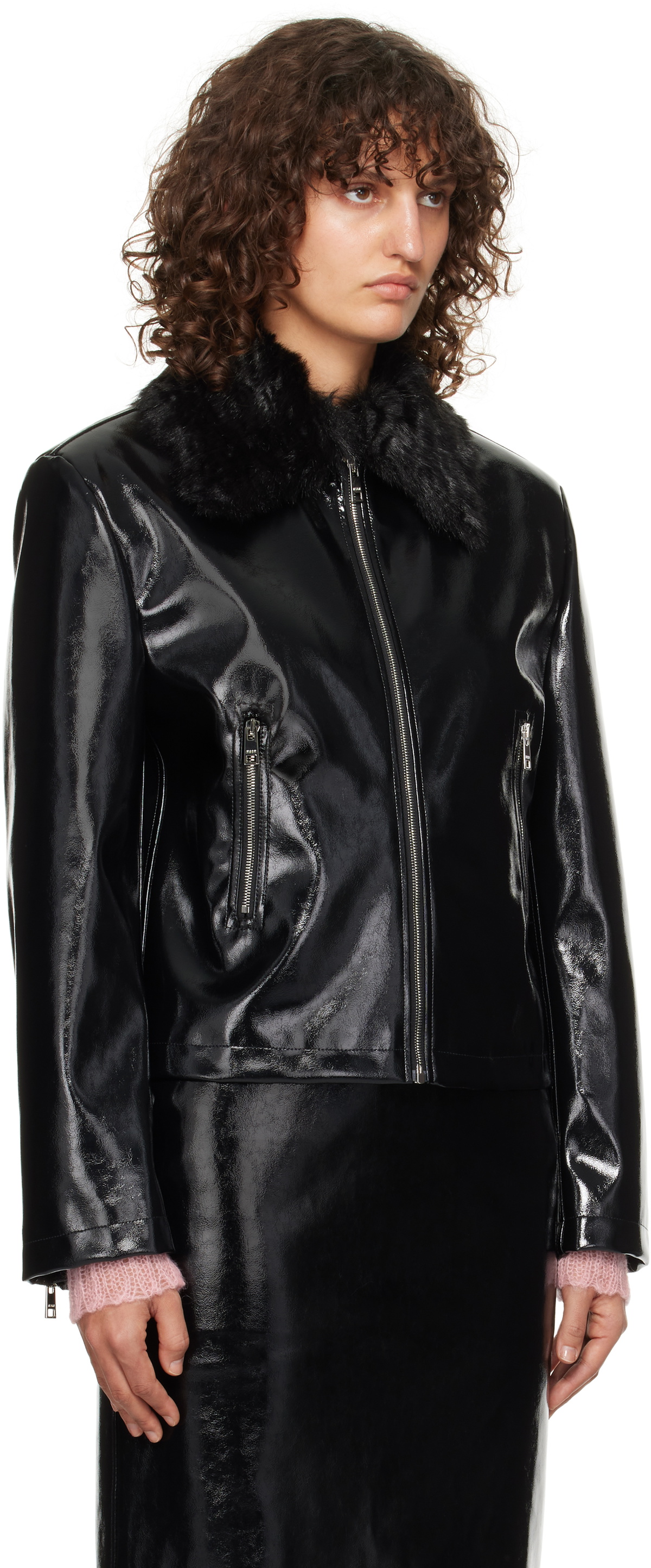 MSGM Black Patent Faux-Leather Jacket MSGM