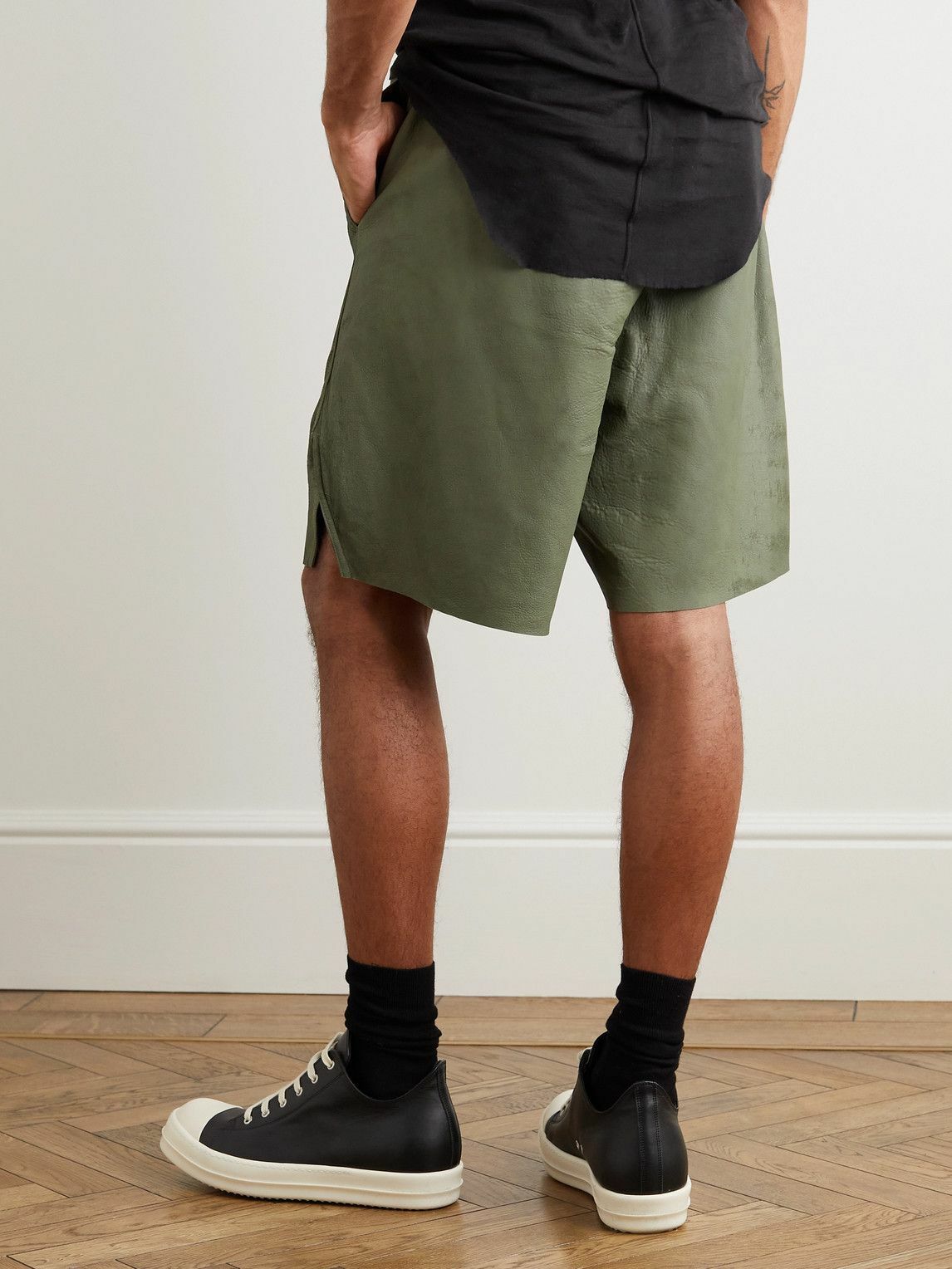 Rick Owens - Wide-Leg Leather Drawstring Shorts - Green Rick Owens