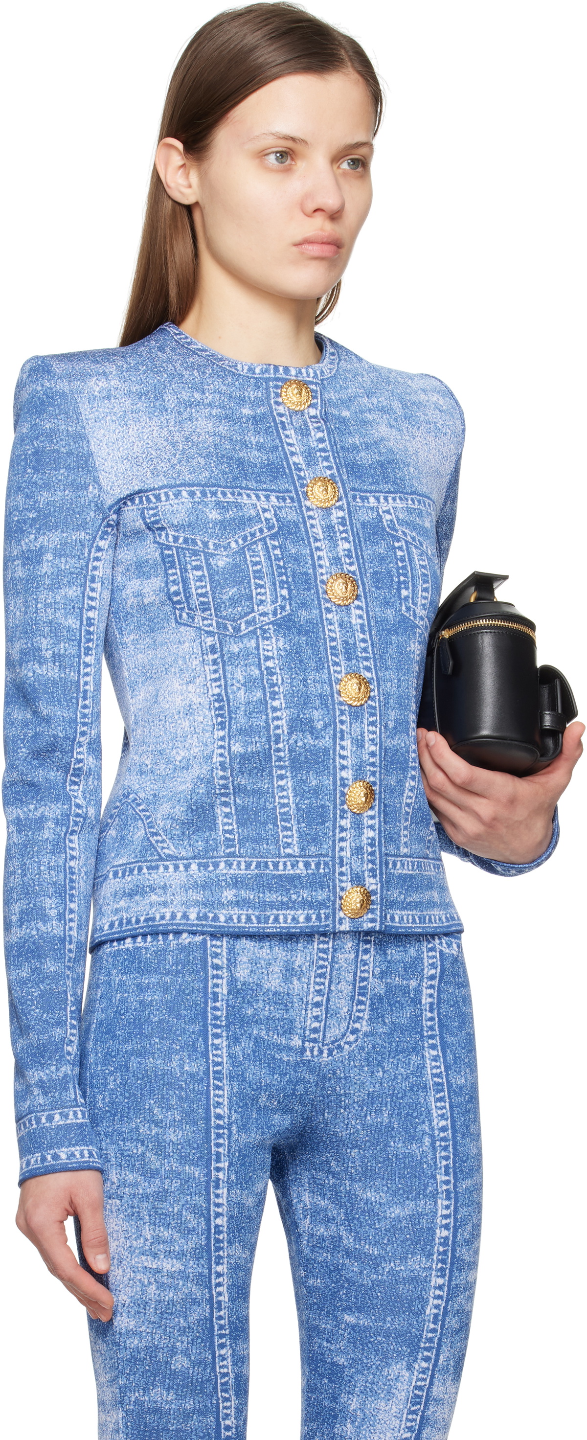 Balmain Blue Jacquard Denim Effect Knit Cardigan Balmain
