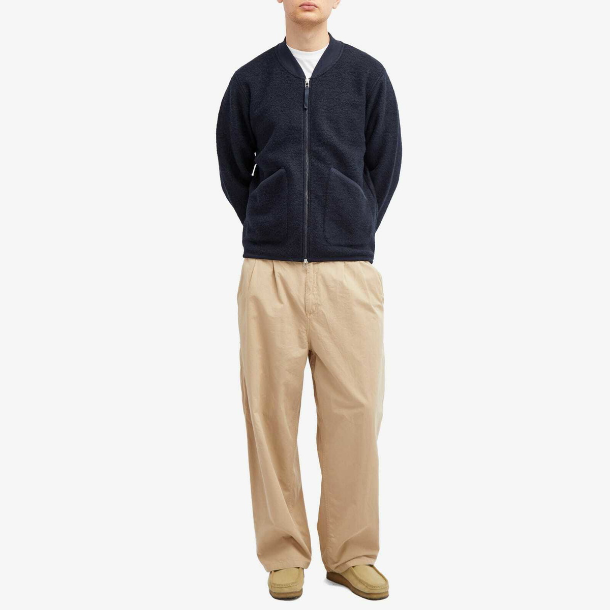 Universal Works Men's Wool Fleece Zip Bomber Jacket in Navy Universal Works
