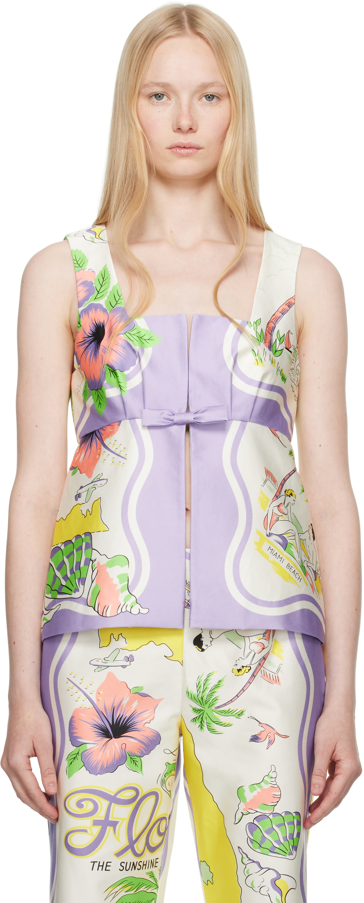 Anna Sui Purple & Off-White Florida Sleeveless Bow Top Anna Sui