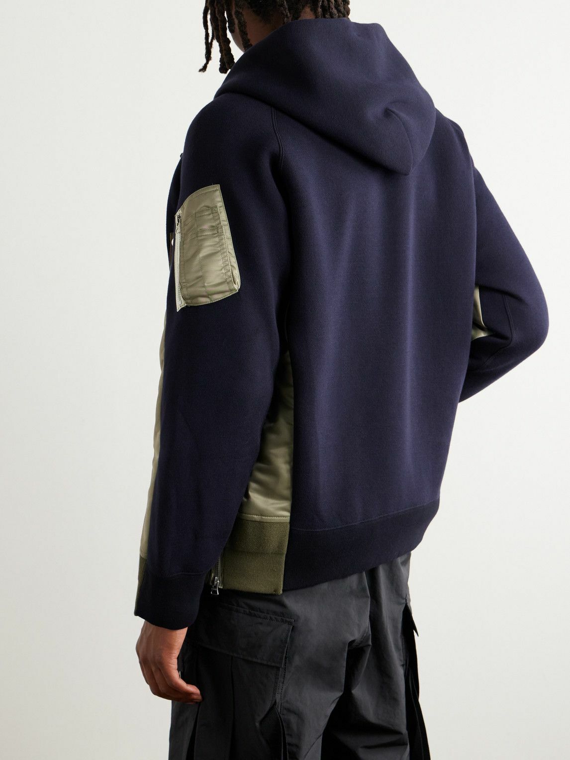 Sacai - Asymmetric Panelled Cotton-Blend Jersey and Shell Hoodie - Blue Sacai