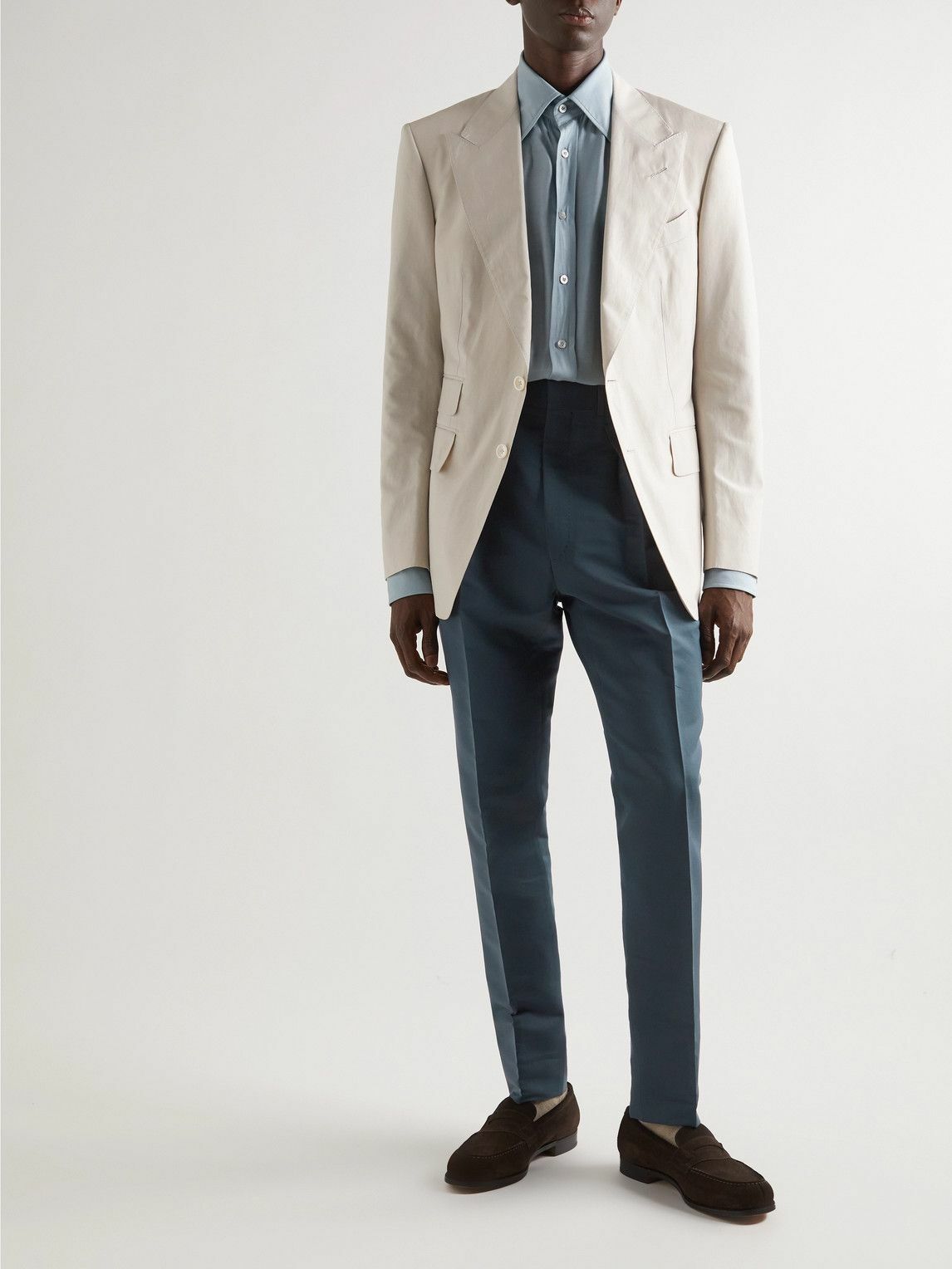 TOM FORD - Tapered Pleated Cotton and Silk-Blend Suit Trousers - Blue ...