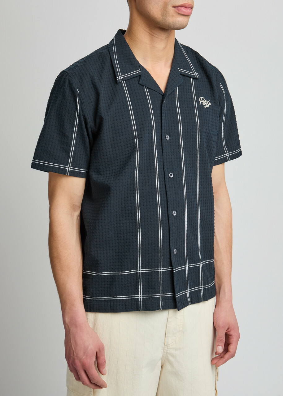 Percival Sicily Cuban Textured Logo Cotton Shirt Navy Percival