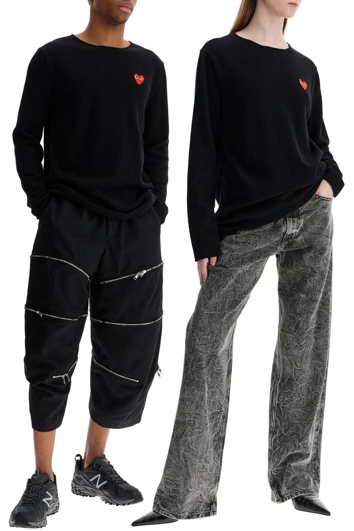 COMME DES GARCONS PLAY black wool sweater with red heart logo and wide ...