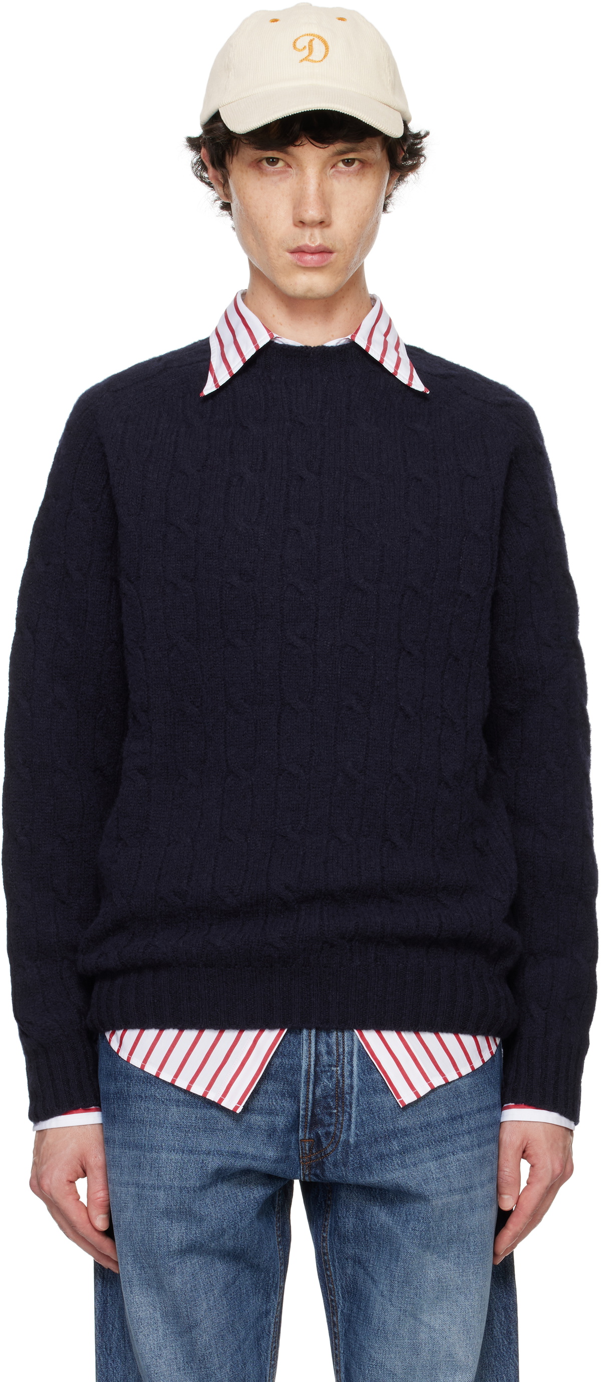 Drake's Navy Brushed Shetland Cable Knit Sweater Drake's