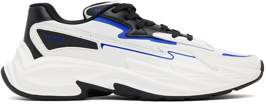 Balmain White & Blue Run-Row Leather Sneakers Balmain