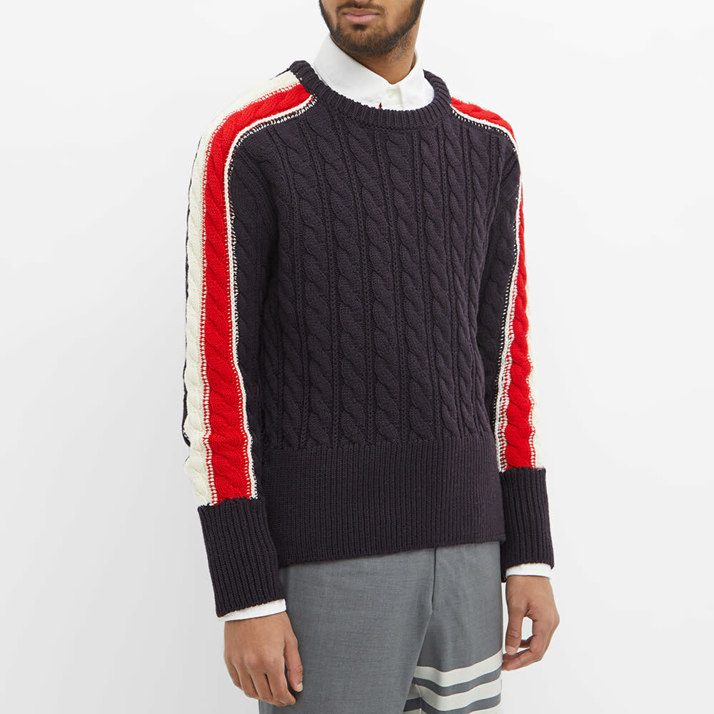 Thom Browne Men's Tricolour Sleeve Stripe Crew Cable Knit in Navy Thom Browne
