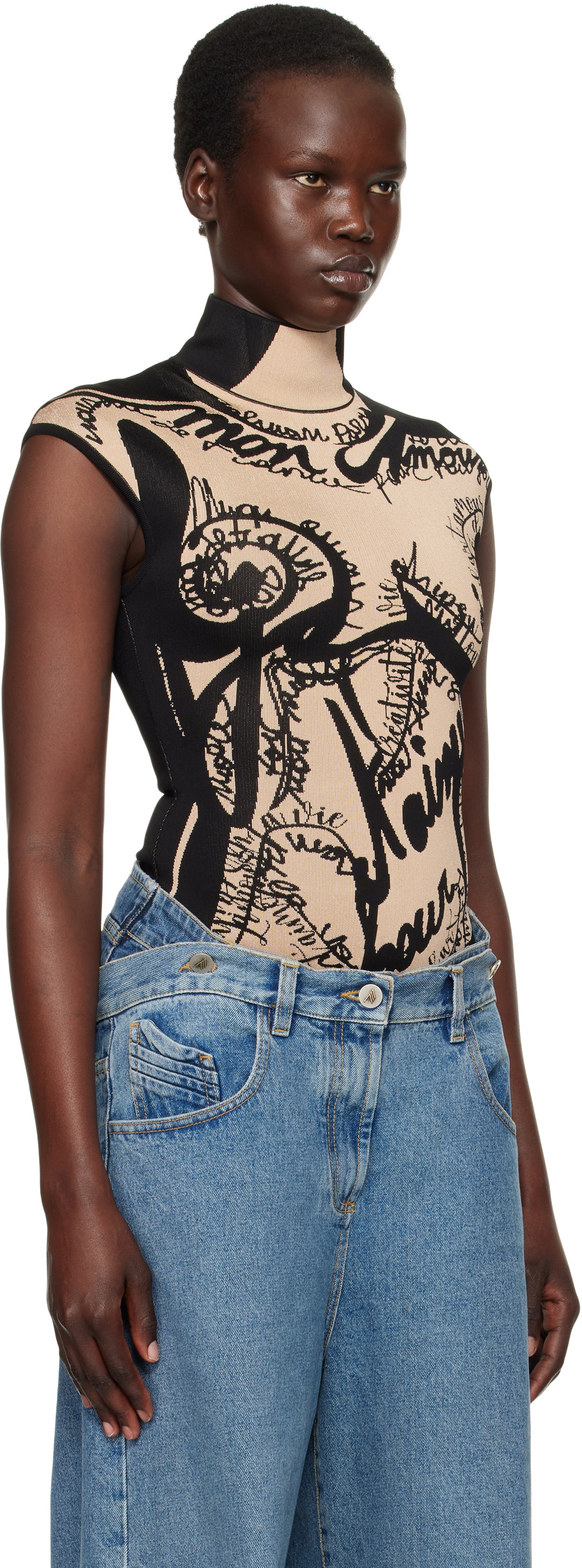 Balmain Black & Beige Jacquard Knit Torso Motif Bodysuit Balmain